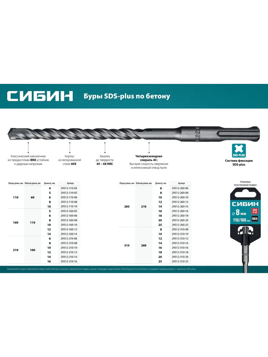 СИБИН 14 х 160 мм, SDS-plus бур (29312-160-14)
