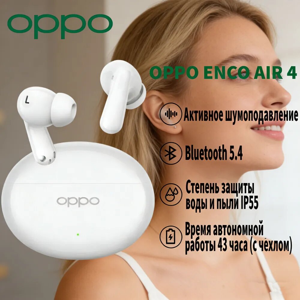 OPPO Наушники беспроводные с микрофоном OPPO Enco Air 4, USB Type-C, белый, прозрачный