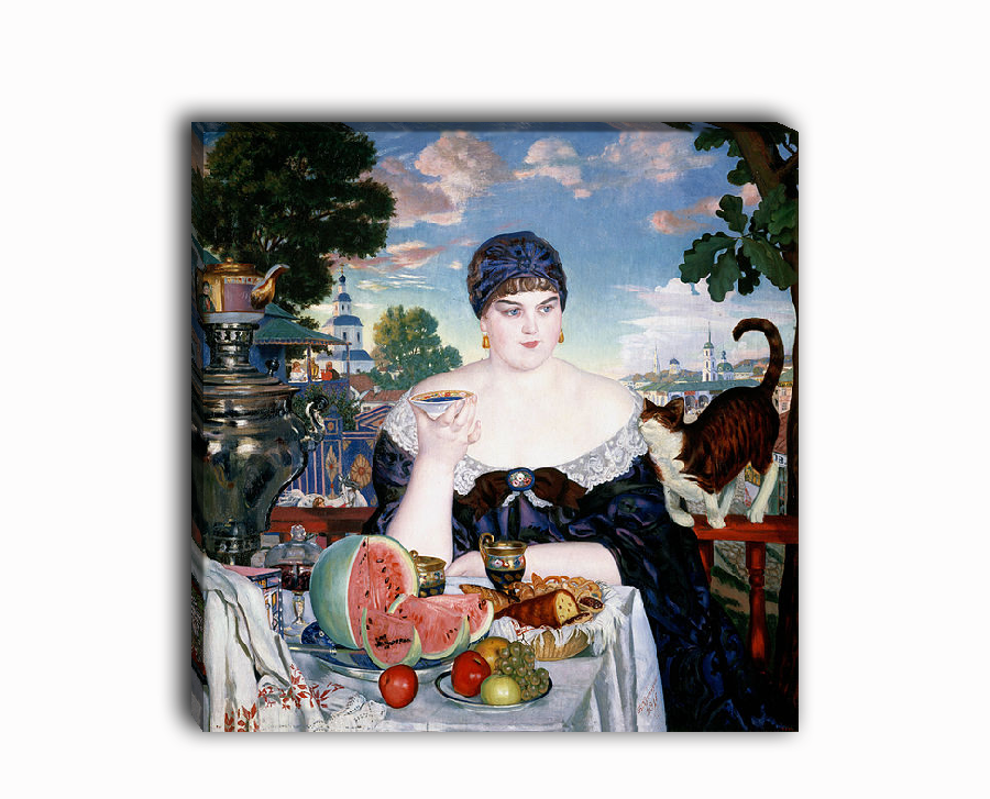 Картина "Купчиха за чаем", Кустодиев, печать на холсте (50х50 см / на подрамнике)