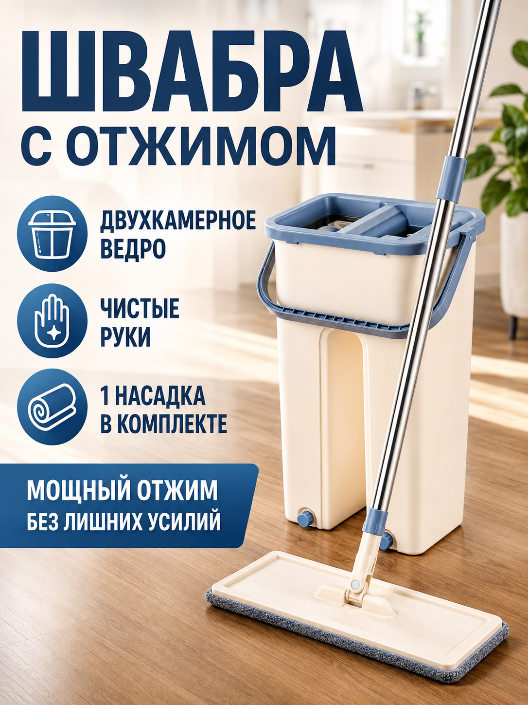 Швабра для пола с ведром и отжимом, плоская швабра с насадкой из микрофибры для уборки дома