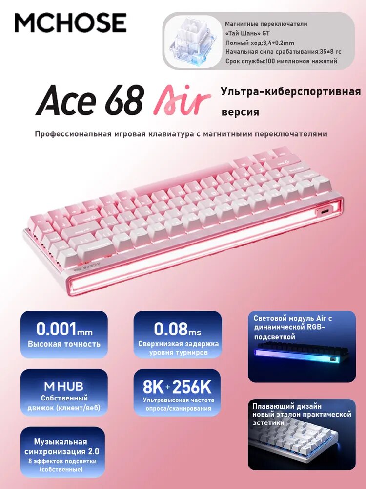 MCHOSE Игровая клавиатура проводная Ace 68 Air магнитная клавиатура 68 клавиш с переключателями Тайшань GT, 8K опрос, 0,001 мм точность, 256K сканирование, для FPS-игр, (Taishan Magnetic GT), Английская раскладка, белый, светло-розовый