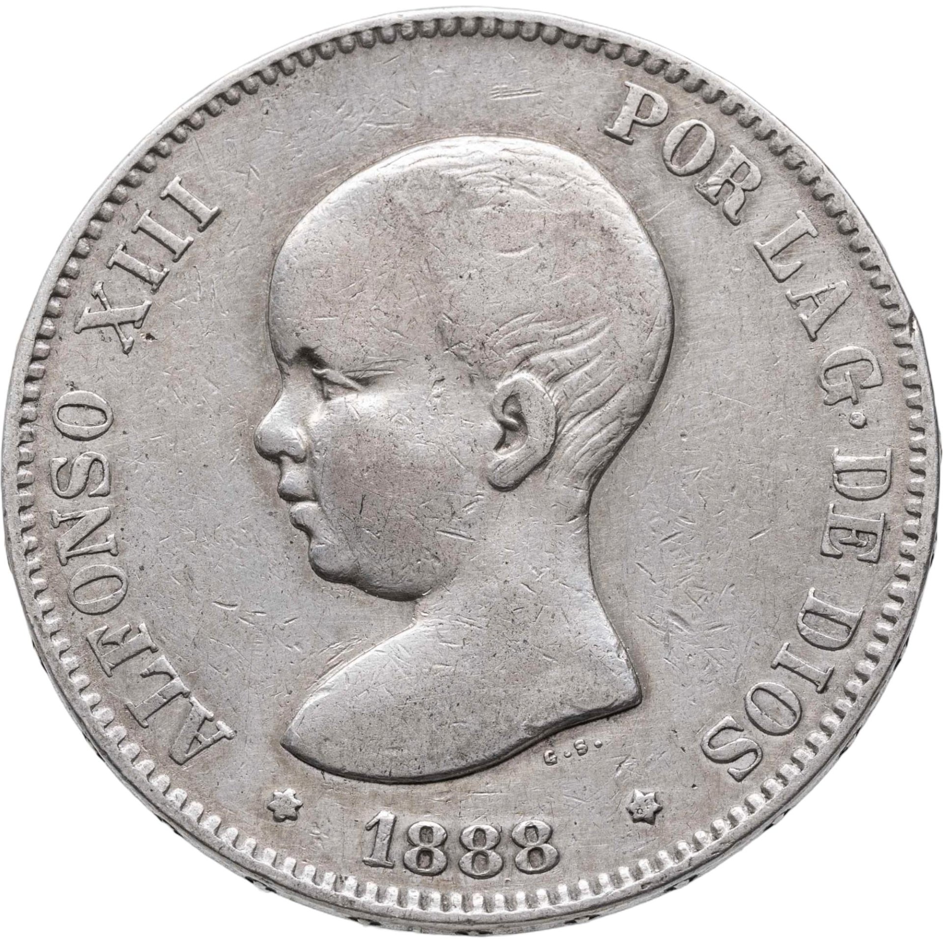 Испания 5 песет pesetas 1888 Буквы МР и М на реверсе, Серебро 900, в сохранности VF-XF