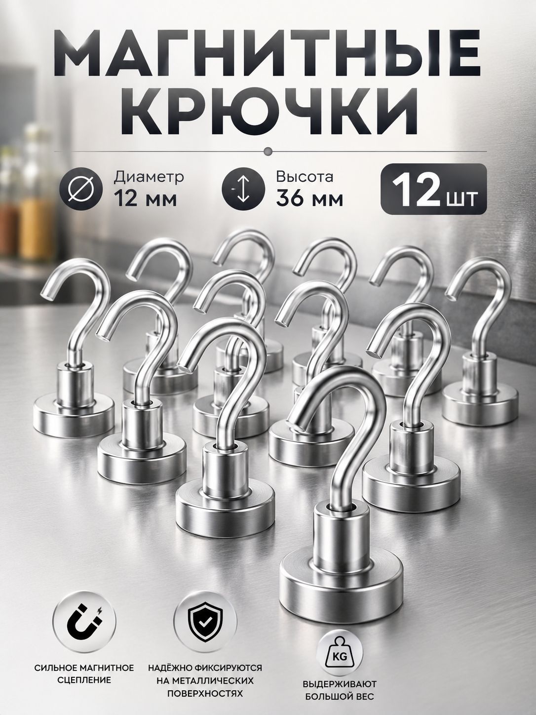 Крючок на магните универсальный, магнитные крючки на холодильник, набор 12 штук