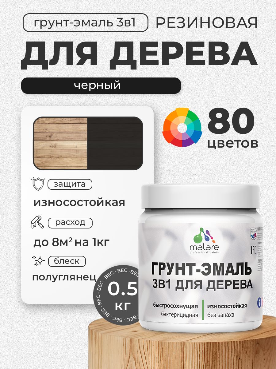 Резиновая Грунт-Эмаль 3 в 1 Malare для деревянных поверхностей/ краска по дереву с антисептическим эффектом/ быстросохнущая моющаяся без запаха полуглянцевая, черный, 0.5 кг