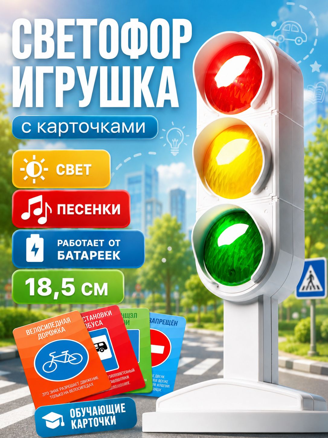 Светофор игрушечный " Большая дорога " / игрушка для мальчика / дорожные знаки для детей / обучающие карточки правил ПДД в комплекте развивающая игра изучение ПДД подарок для мальчика