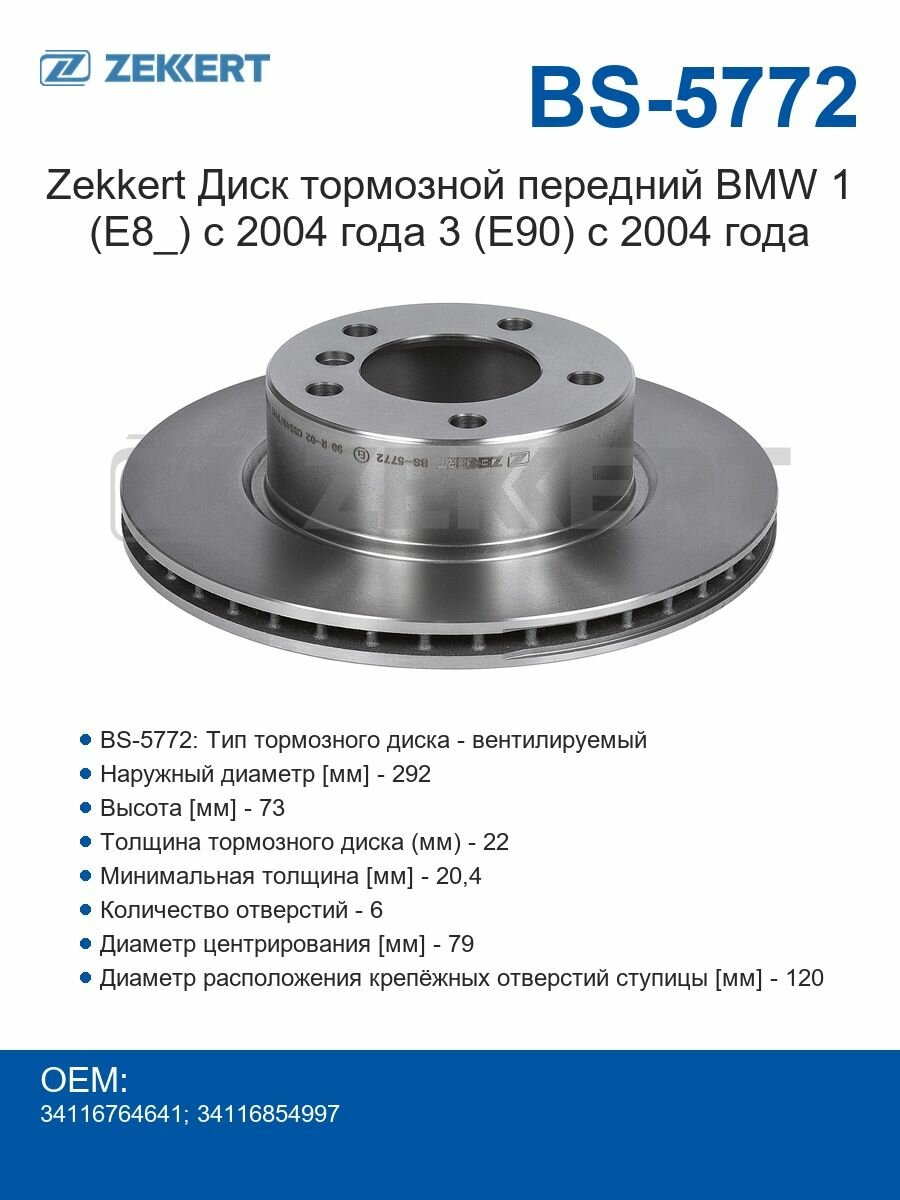 Zekkert Диск тормозной передний BMW 1 (E8_) с 2004 года 3 (E90) с 2004 года