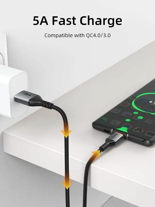 Кабель CABLETIME CA50L, Quick Charge 3.0, USB Type-A to Type-C, 2 метра, черный — фото 1