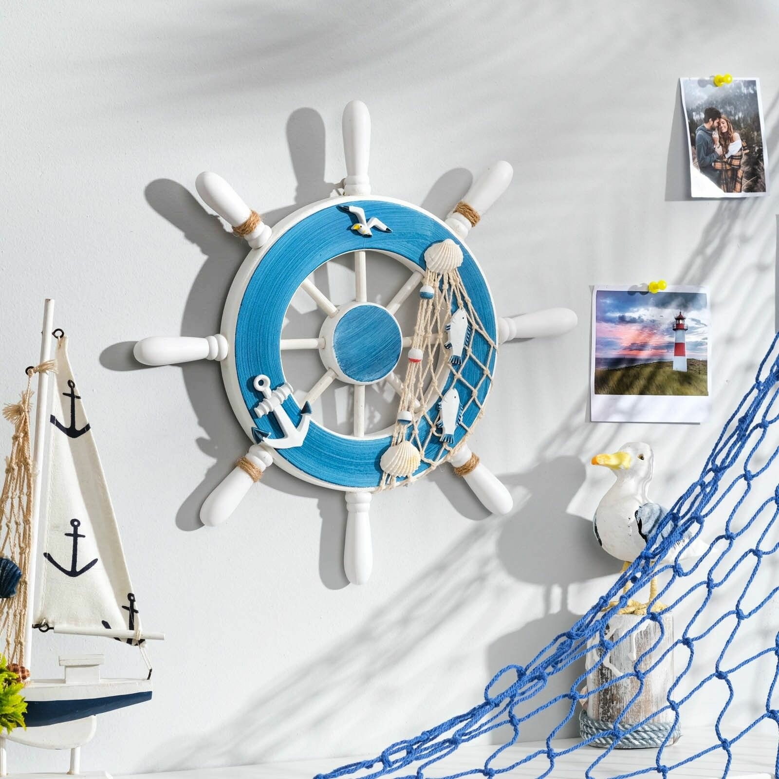 Декор интерьерный "Штурвал" на стену, бело-синий, 32х32х2 см