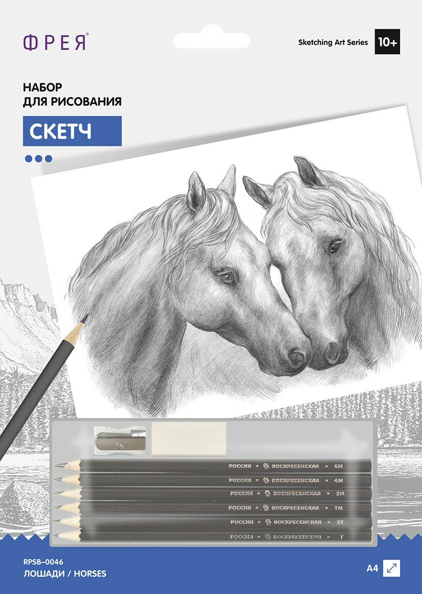 Скетч для раскрашивания чернографитными карандашами Лошади