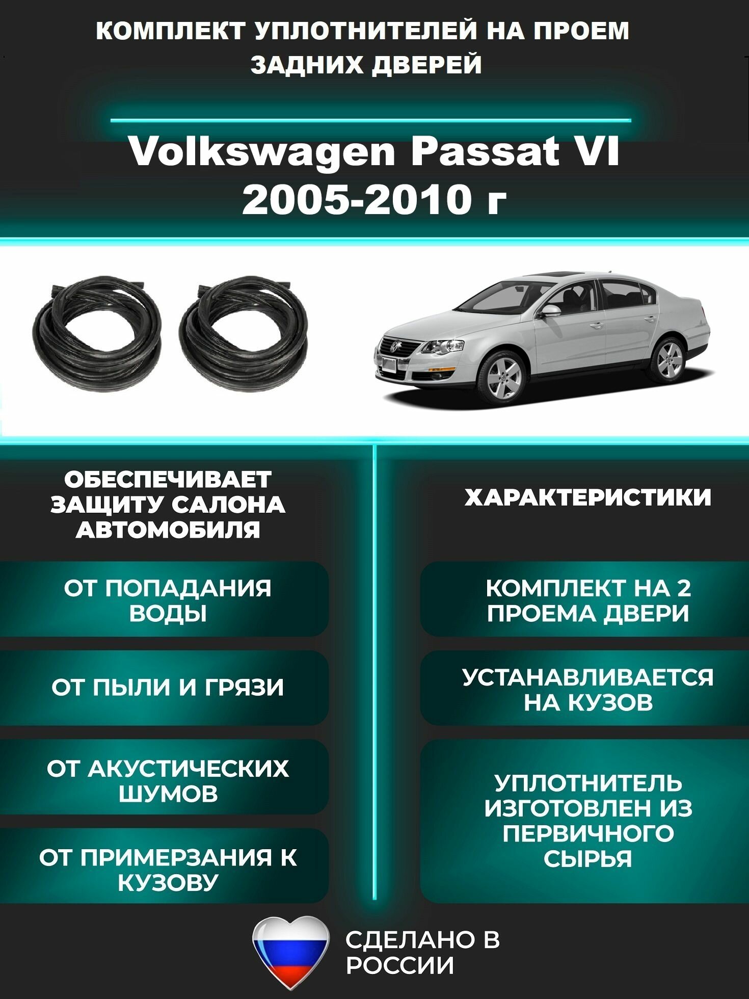 Комплект уплотнителей проема задних дверей для Volkswagen Passat VI 2005-2010 г, Фольксваген Пассат 6 - 2 штуки