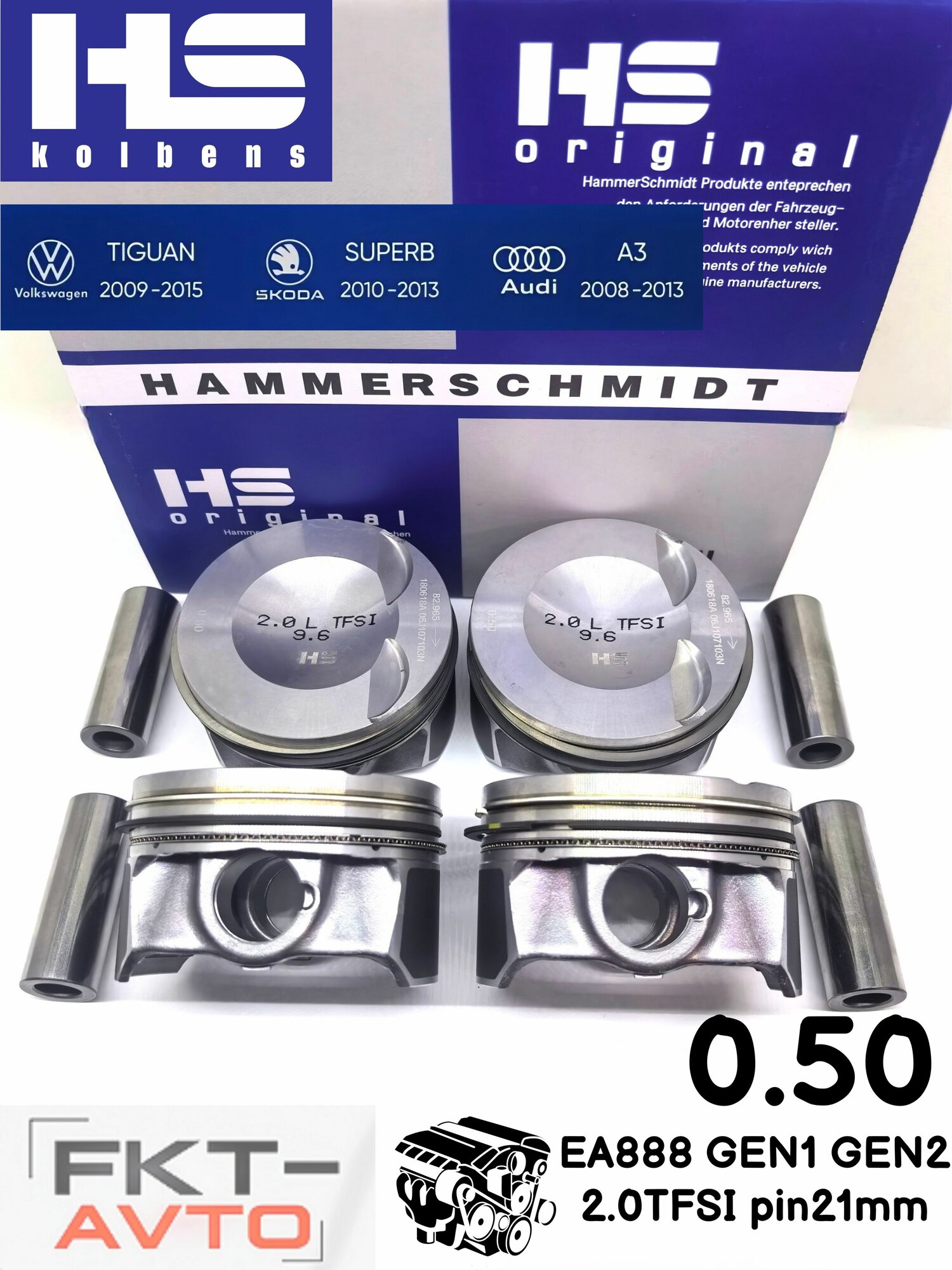 Поршни с кольцами VAG EA888 2.0 TFSi / TSI / +0,50 палец 21мм A3 Octavia Golf V Jetta Passat Tiguan 4520-40825MGA 0.50