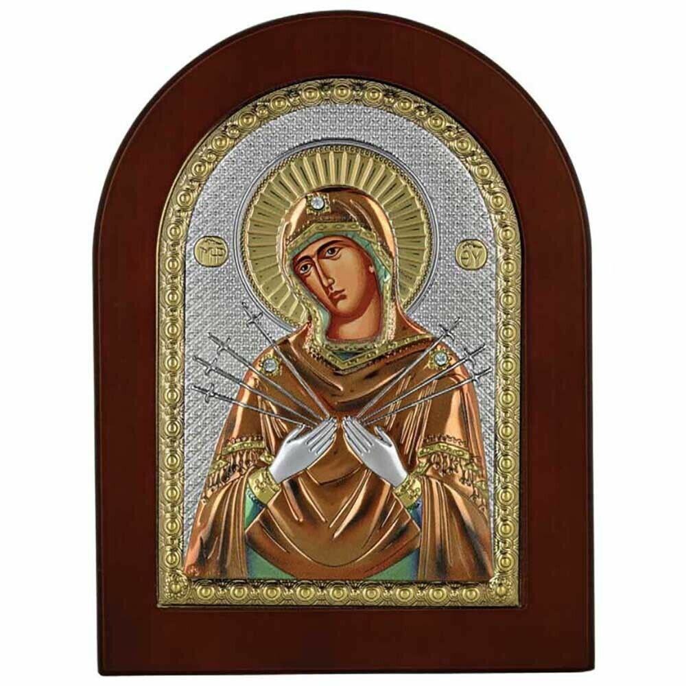 Семистрельная икона Божьей Матери в серебряном окладе. (10 x 14 см / Цветной защитный лак, стразы, позолота на окладе. / 14)