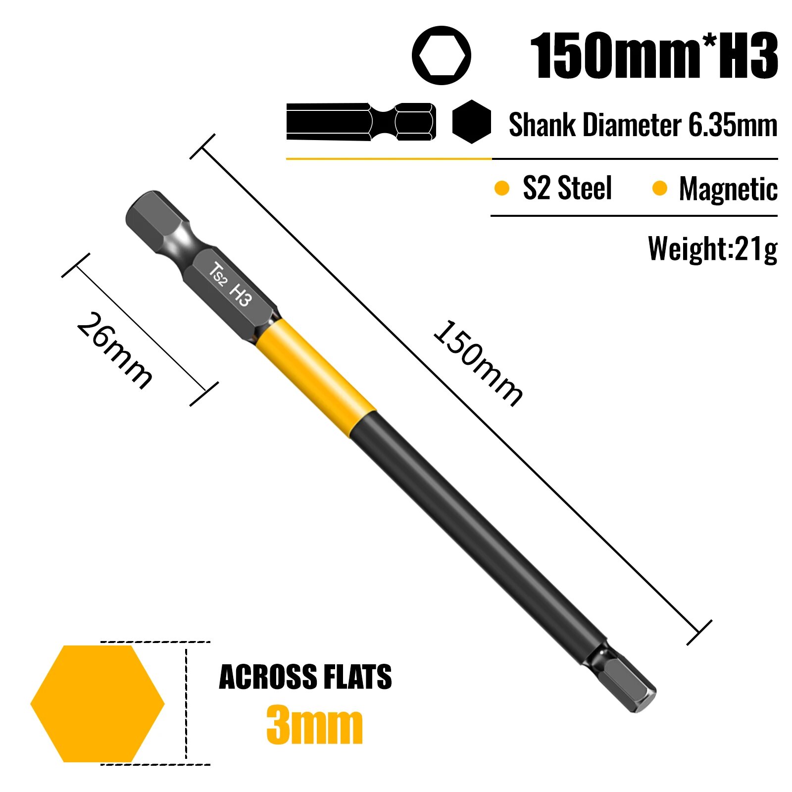 Биты шестигранные магнитные 150mm*H3, S2 сталь