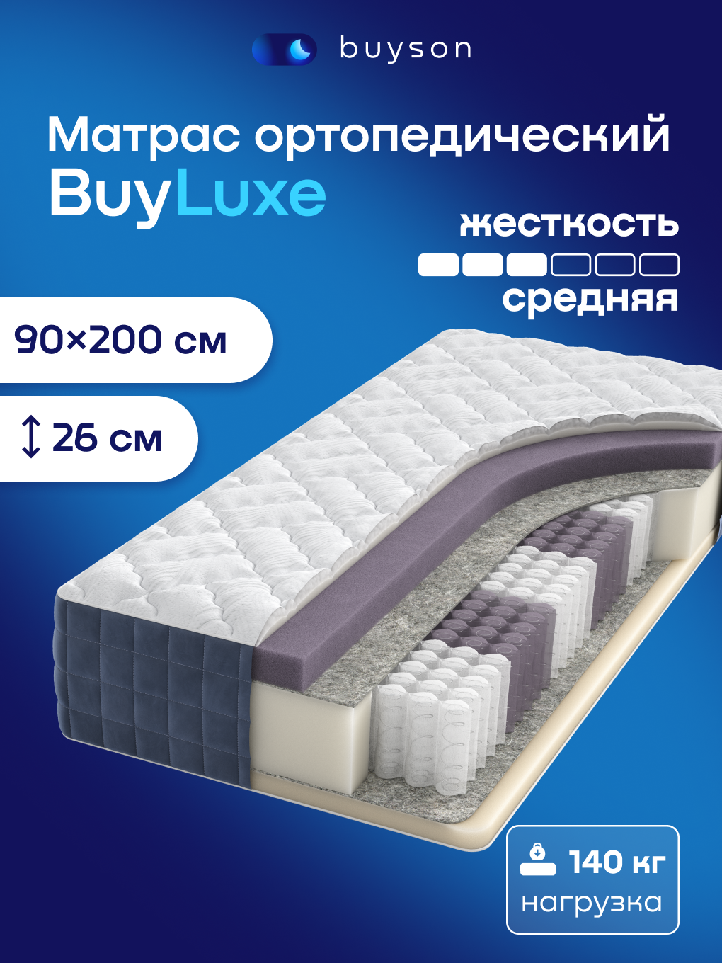 Ортопедический матрас buyson БайЛюкс, 90х200 см, независимые пружины