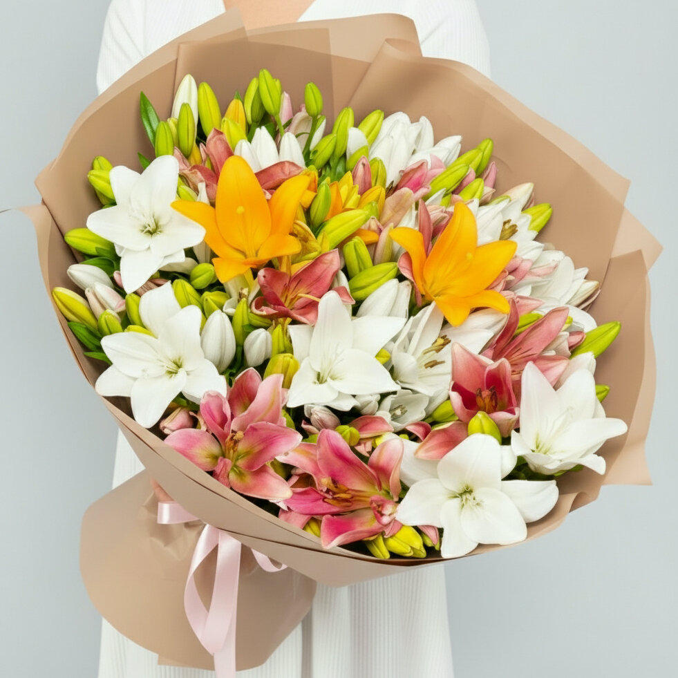 Букет Мегацвет24 "Лилии Микс", 51 цветок, разноцветный, дизайнерская упаковка