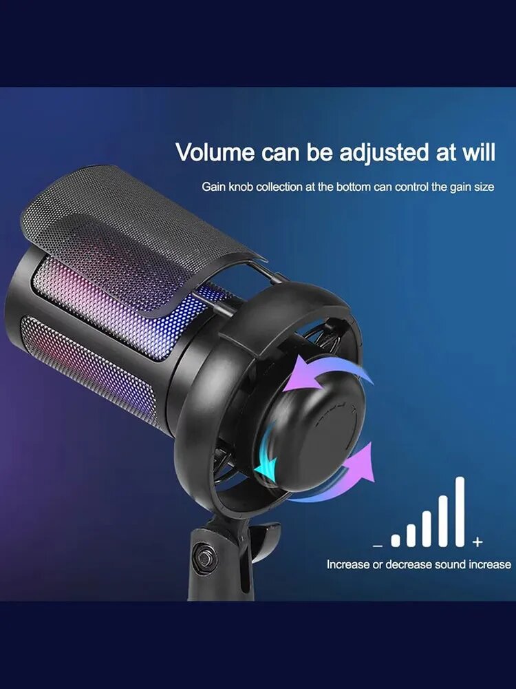 Микрофон настольный, черный матовый, конденсаторный для стриминга с RGB подсветкой — фото 1