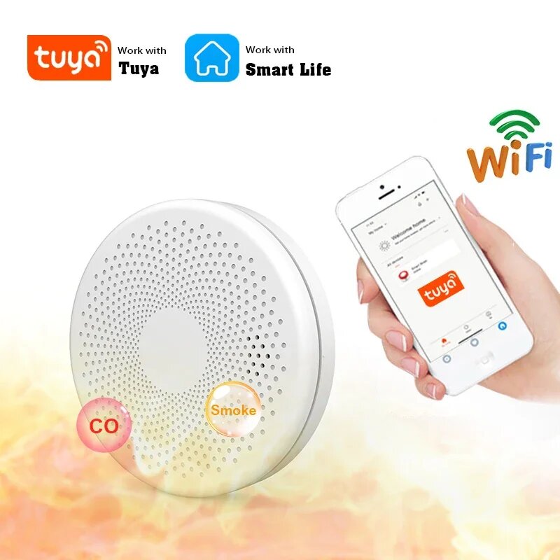 Версия 2 в 1, Wi-Fi Tuya, умный детектор ко и дыма, сигнализация угарного газа, гостиная, кухня, магазин, пожарный PIR, датчик звука, оповещение