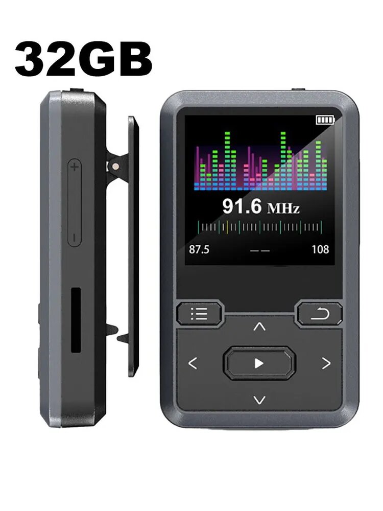 MP3-плеер 32 ГБ, черный с клипсой, поддержка micro SD