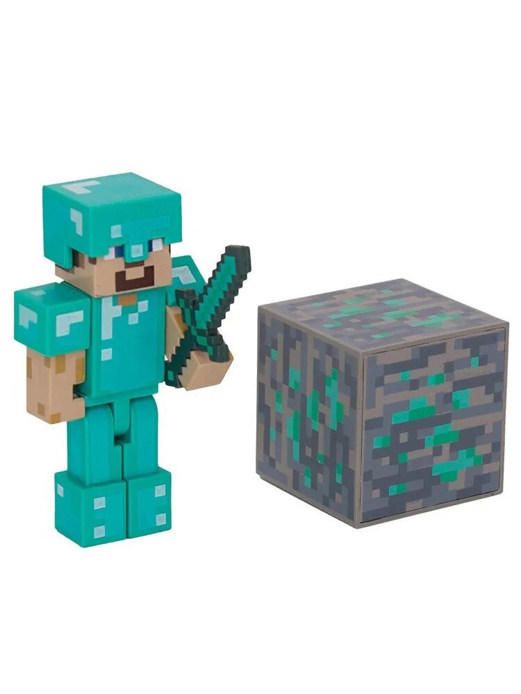 Фигурка Minecraft Diamond Steve Фигурка из пластика для детей и взрослых коллекционная на подставке с подвижными руками и ногами — фото 1