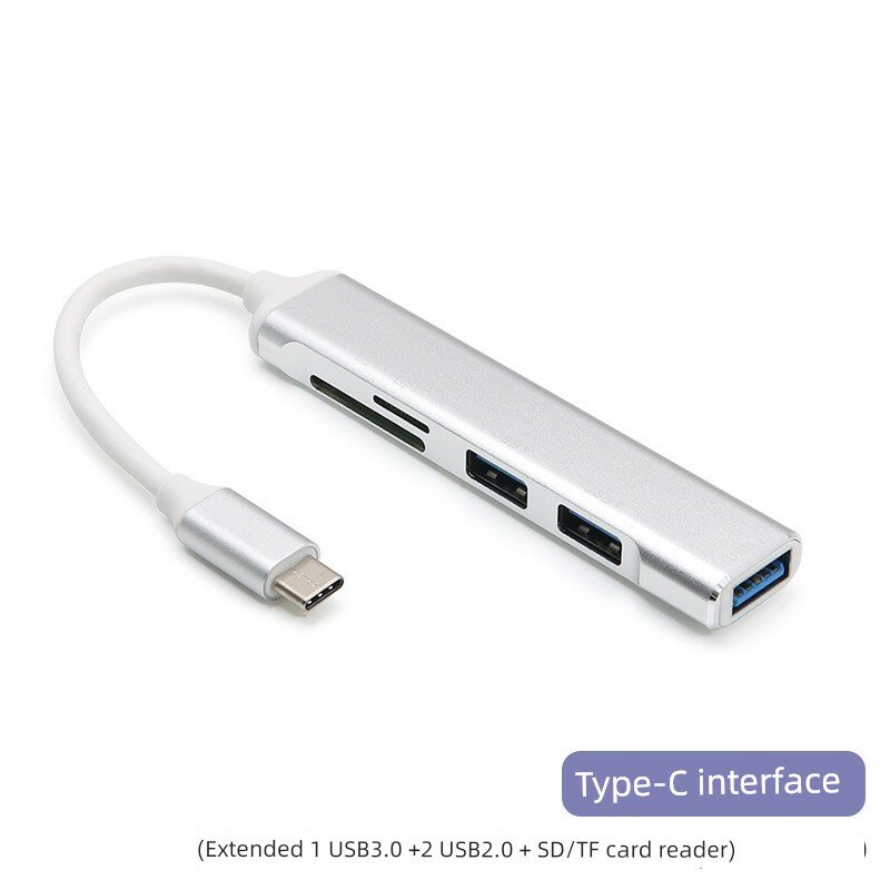 Серебристый тип-с хаб с 1 портом USB 3.0 и 2 портами USB 2.0 + SD/TF, кабель 0.1 м