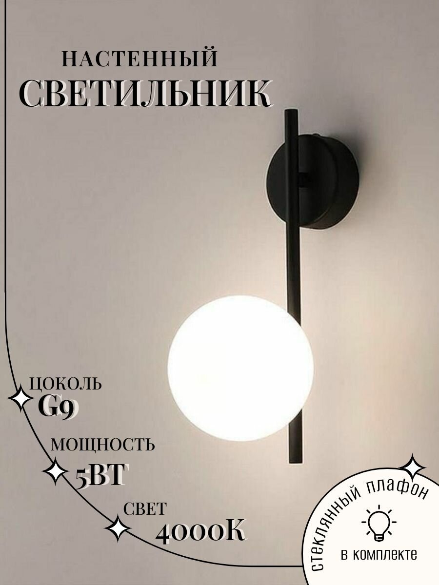 Настенный светильник Бра со стеклянным шаром Черный