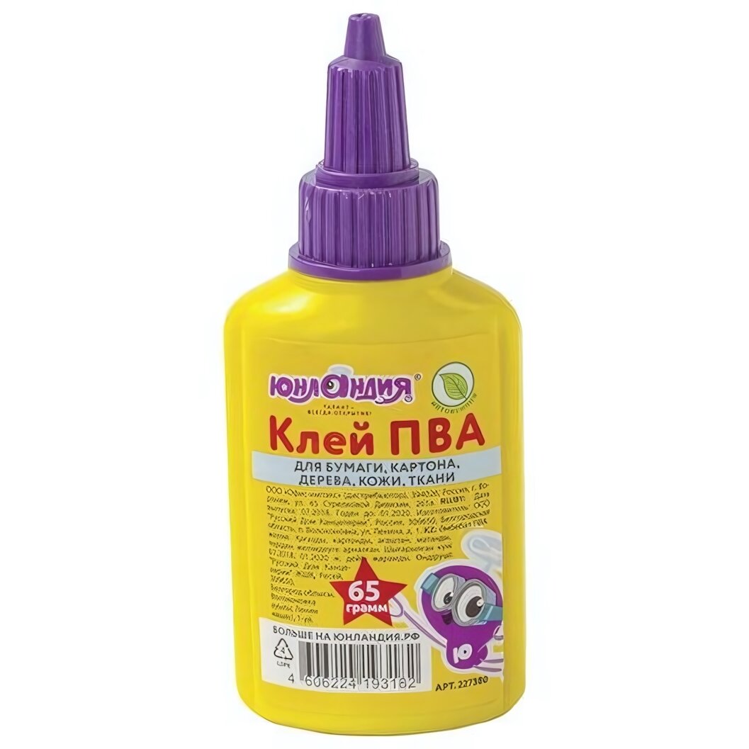 Клей ПВА Юнландия 65г, для бумаги/картона/ткани, цвет в ассортименте