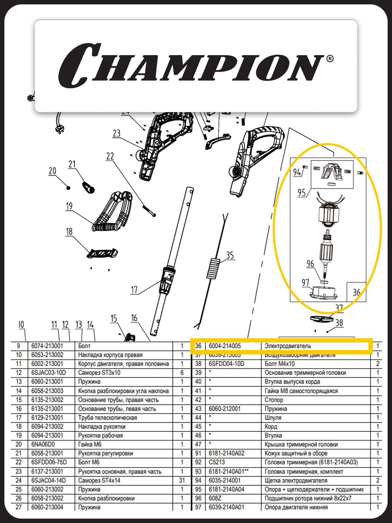 Электродвигатель ET452 для электрического триммера CHAMPION, сталь — фото 1