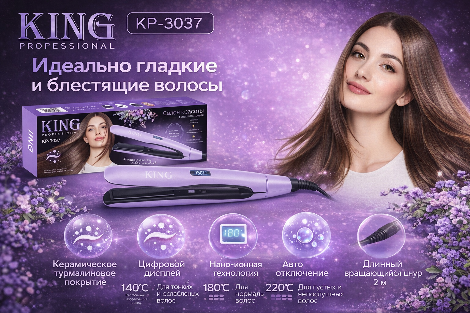 Выпрямитель для волос KP-3037 с ионизацией и керамическими пластинами ProgTech