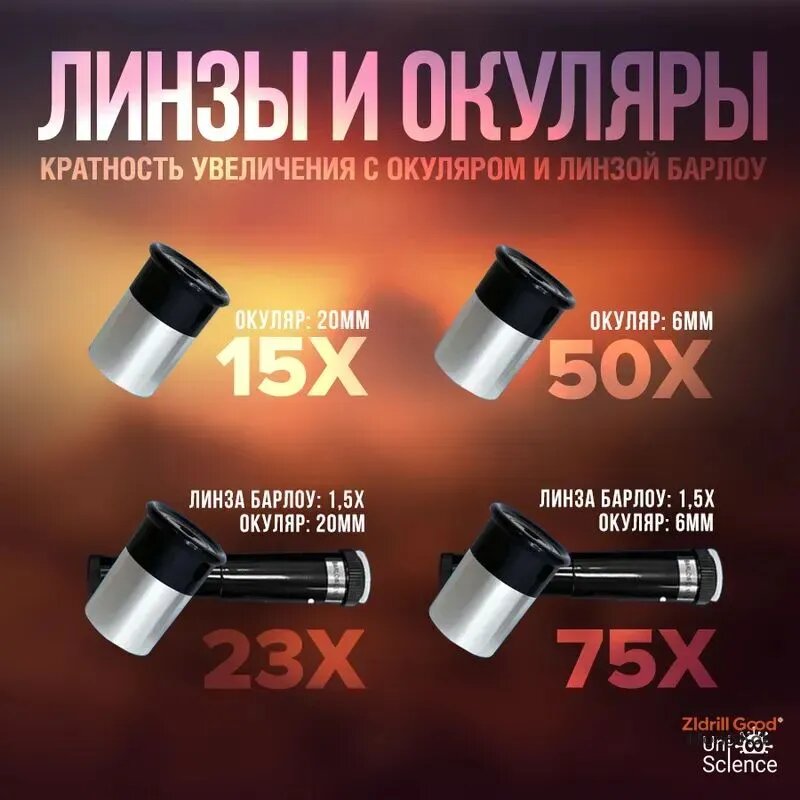 Телескоп для начинающих, рефрактор, 50 мм, 90x увеличение, с аксессуарами, черный/белый — фото 1