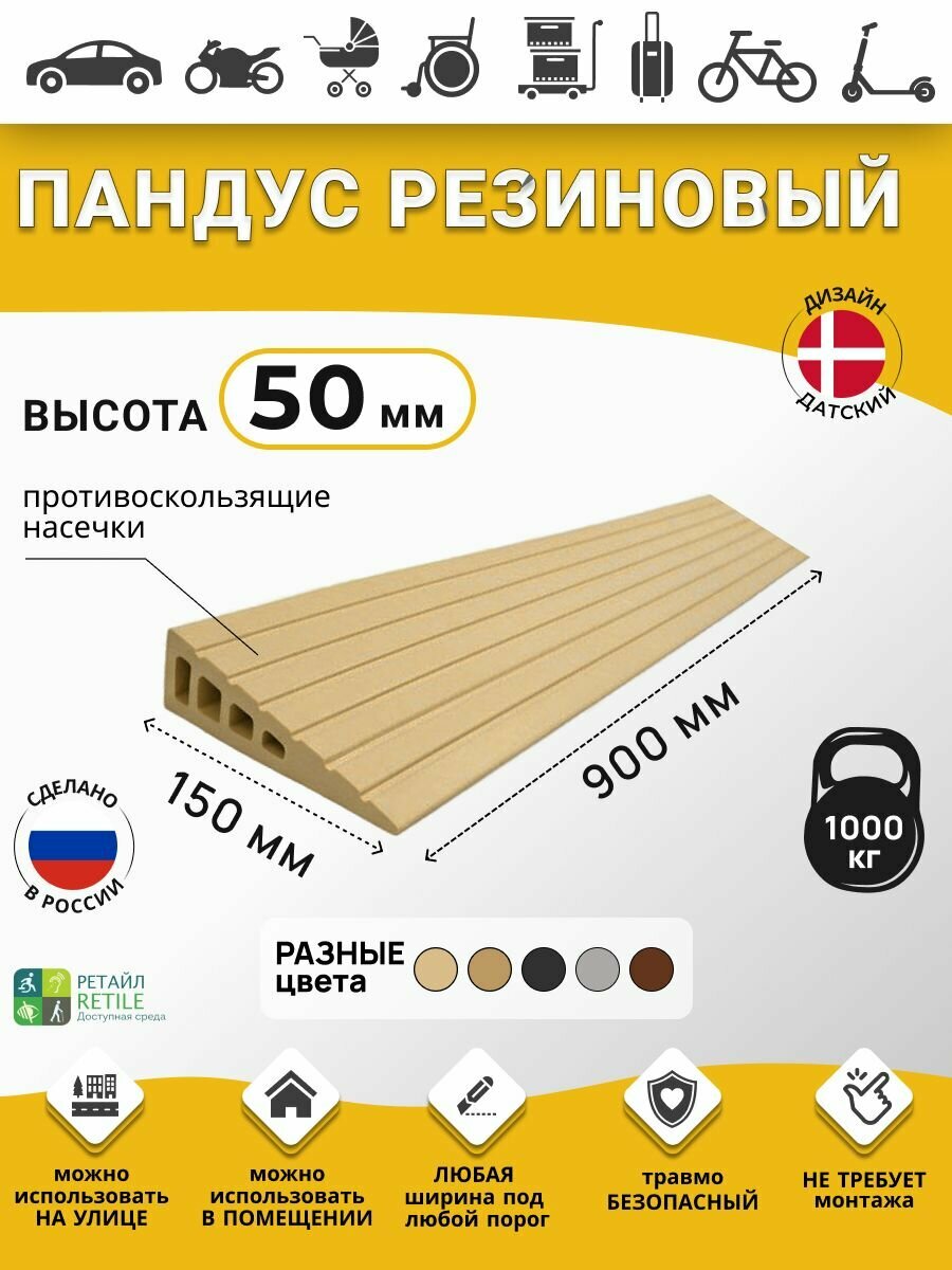 Пандус резиновый рубеж для порогов высотой 5 см (50х900х150 мм), бежевый, для колясок, склада и автомобилей