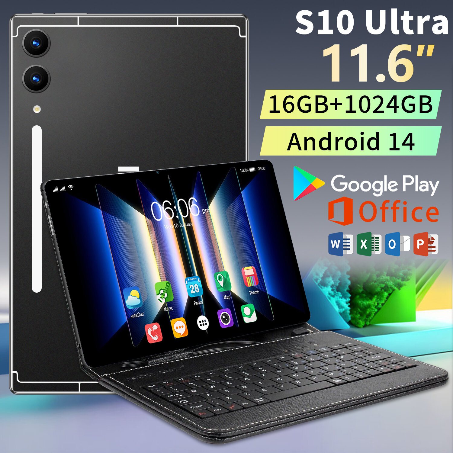 Планшет S10 Ultra 16+1 ТБ, Android 14, с мышью и клавиатурой.