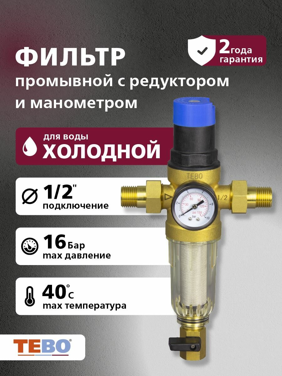 Фильтр промывной тево с редуктором и манометром для холодной воды 1/2"