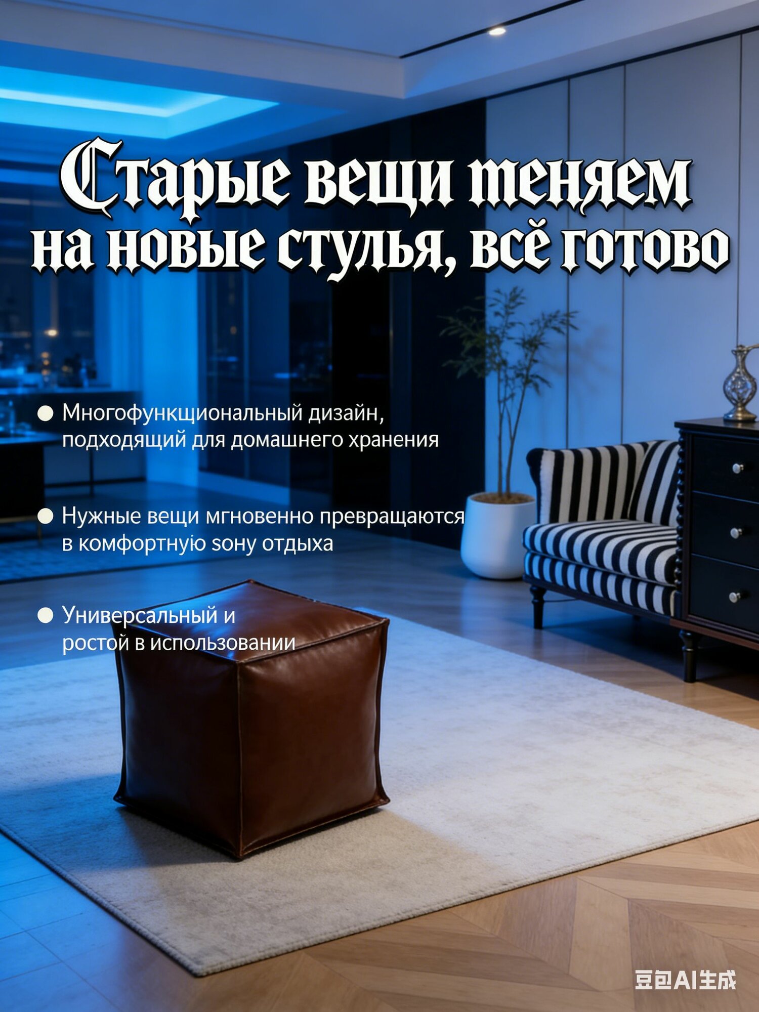 Табурет-пуф 40х40х40 с нишей 40 л — квилтинг, с кожаной подушкой и местом для хранения, в спальню и гостиную дома