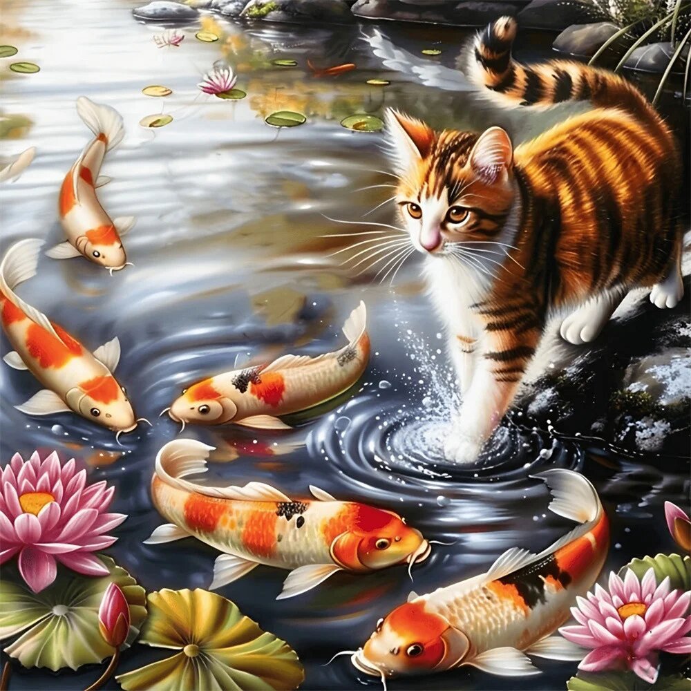 Алмазная картина "Кошка и рыба", 40x40 см, Full Square