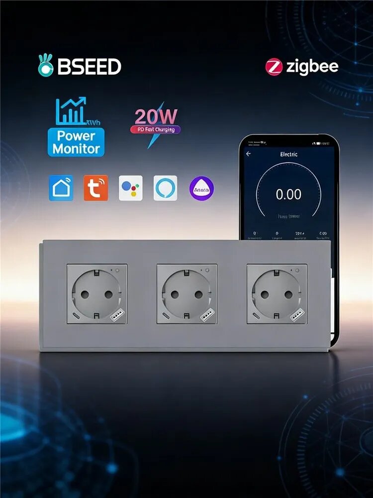 Розетка с USB и Type-C 20W быстрой зарядкой, с мониторинг потребления , Zigbee, управление с Алисой, пластиковые рамки