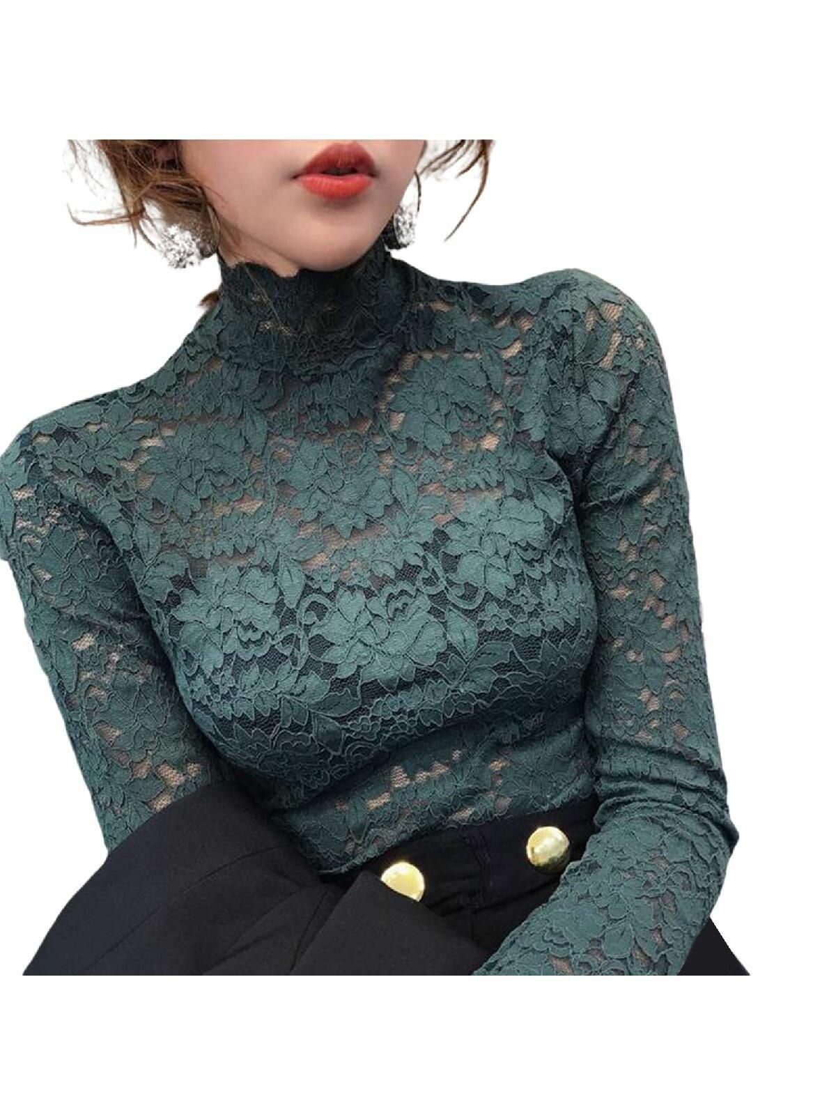 Женская прозрачная блузка из цветного кружева с длинным рукавом и высоким воротом, чернила - XL