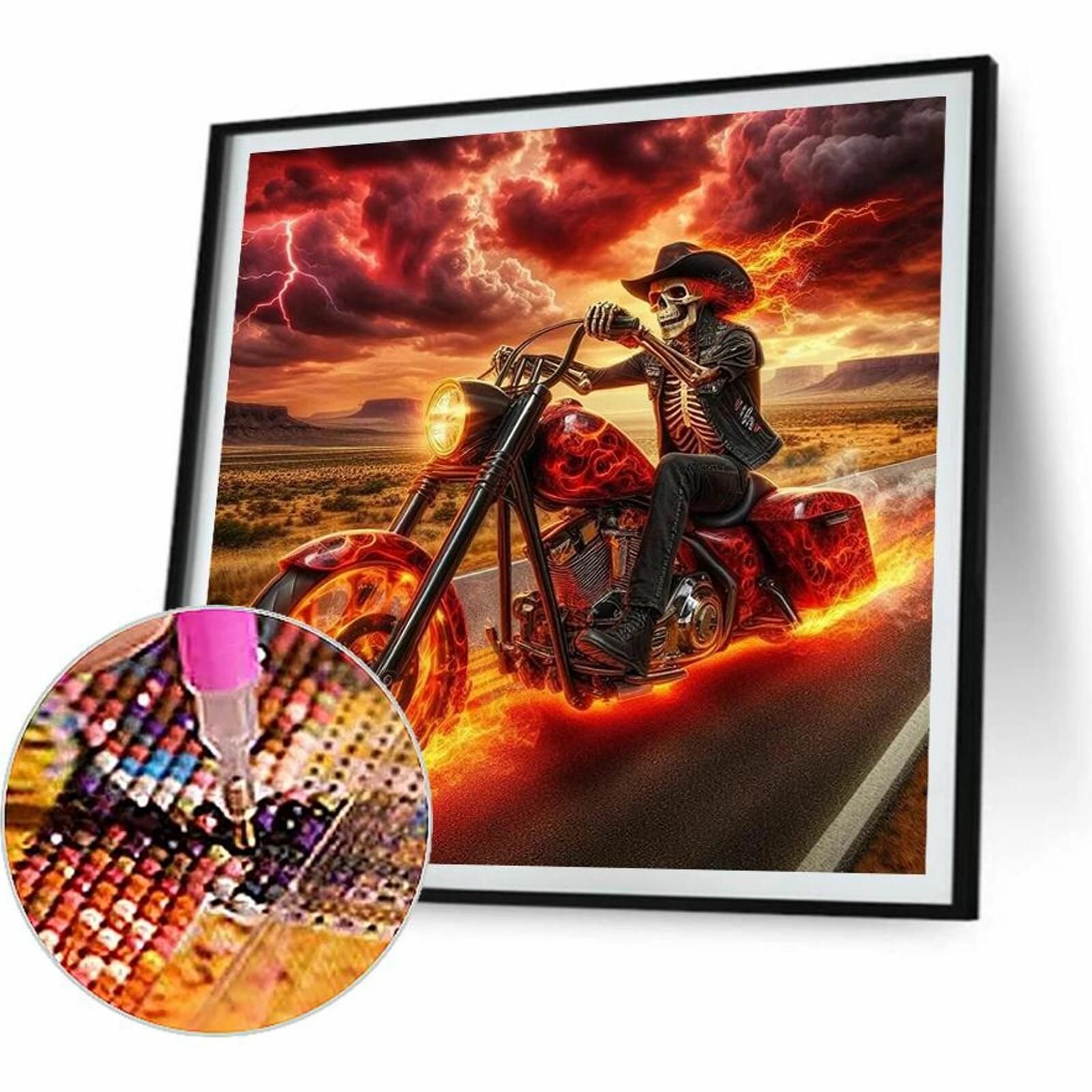 Диамантная картина Череп и байкер на мотоцикле в стиле абстракции, 50 50 см, 40 цветов, DIY-набор