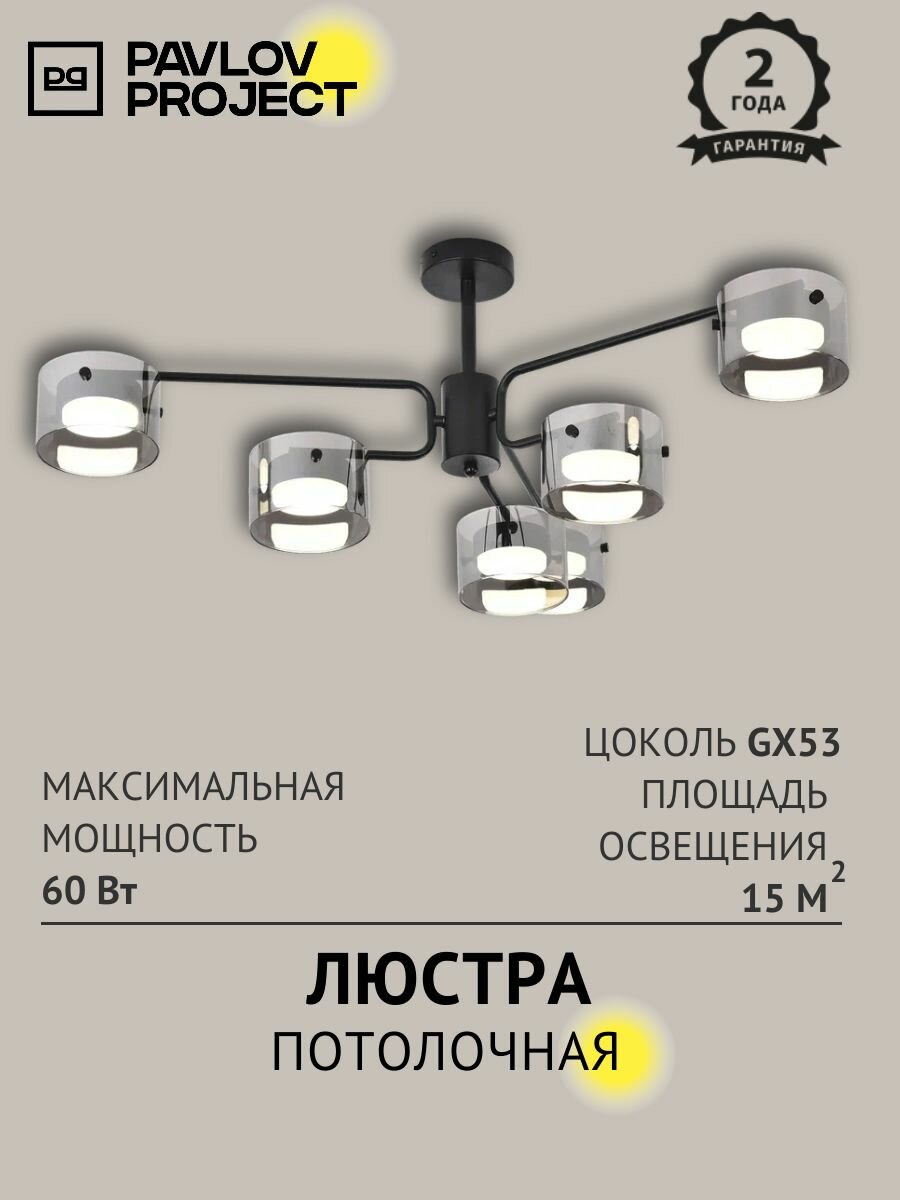 Люстра потолочная на 6 лампочек GX53, со стеклянными плафонами PP-53111-6-black