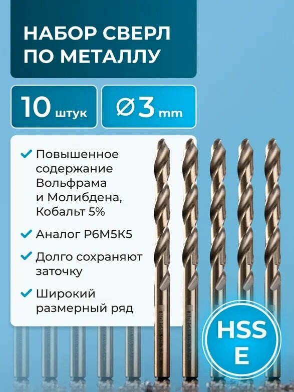 Набор сверл по металлу 10 штук NORGAU Industrial со шлифованным профилем и подточкой перемычки по DIN 1412-С, спиральное, HSSE, 3 мм
