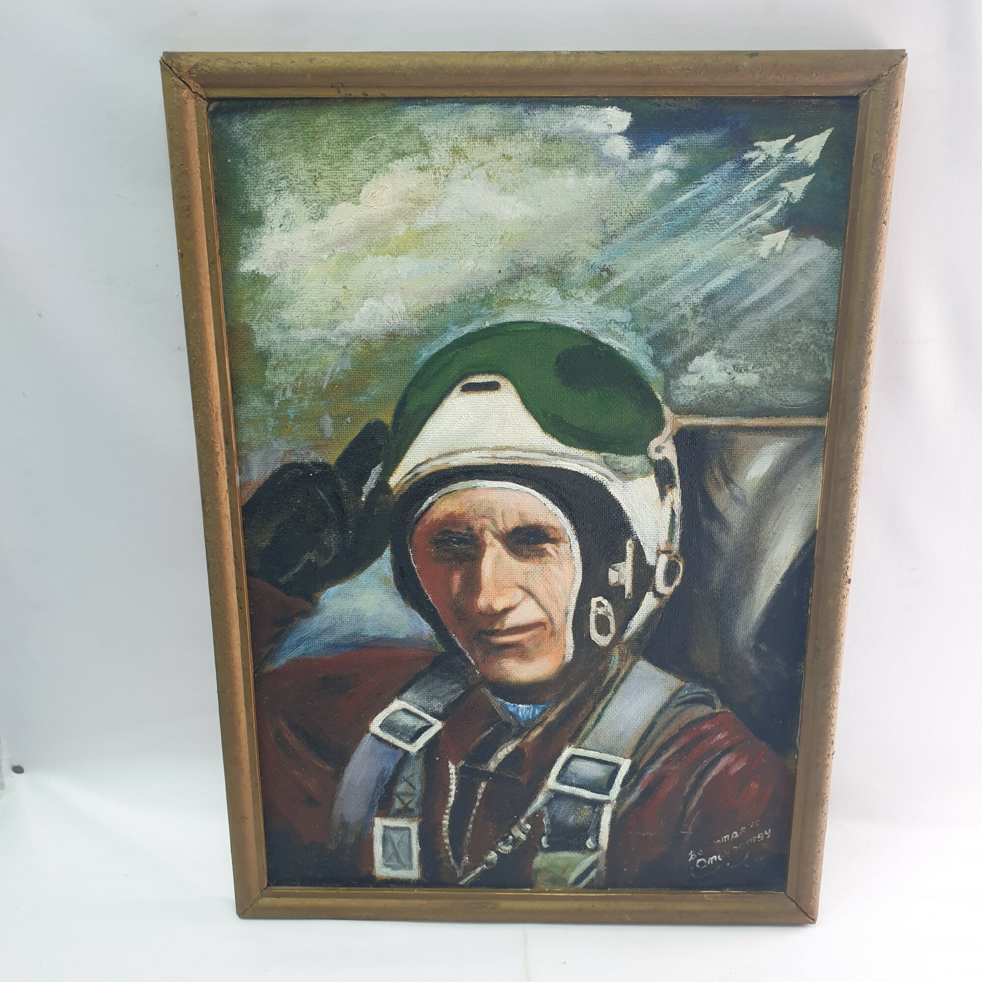 Винтажная картина Летчик холст, масло, 45х60 см, дарственная надпись.