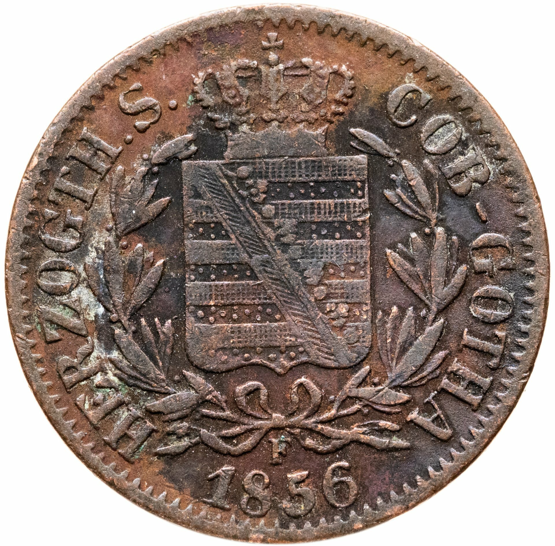 Германия, Саксен-Кобург-Гота 2 пфеннига 1856, Медь, в сохранности VF