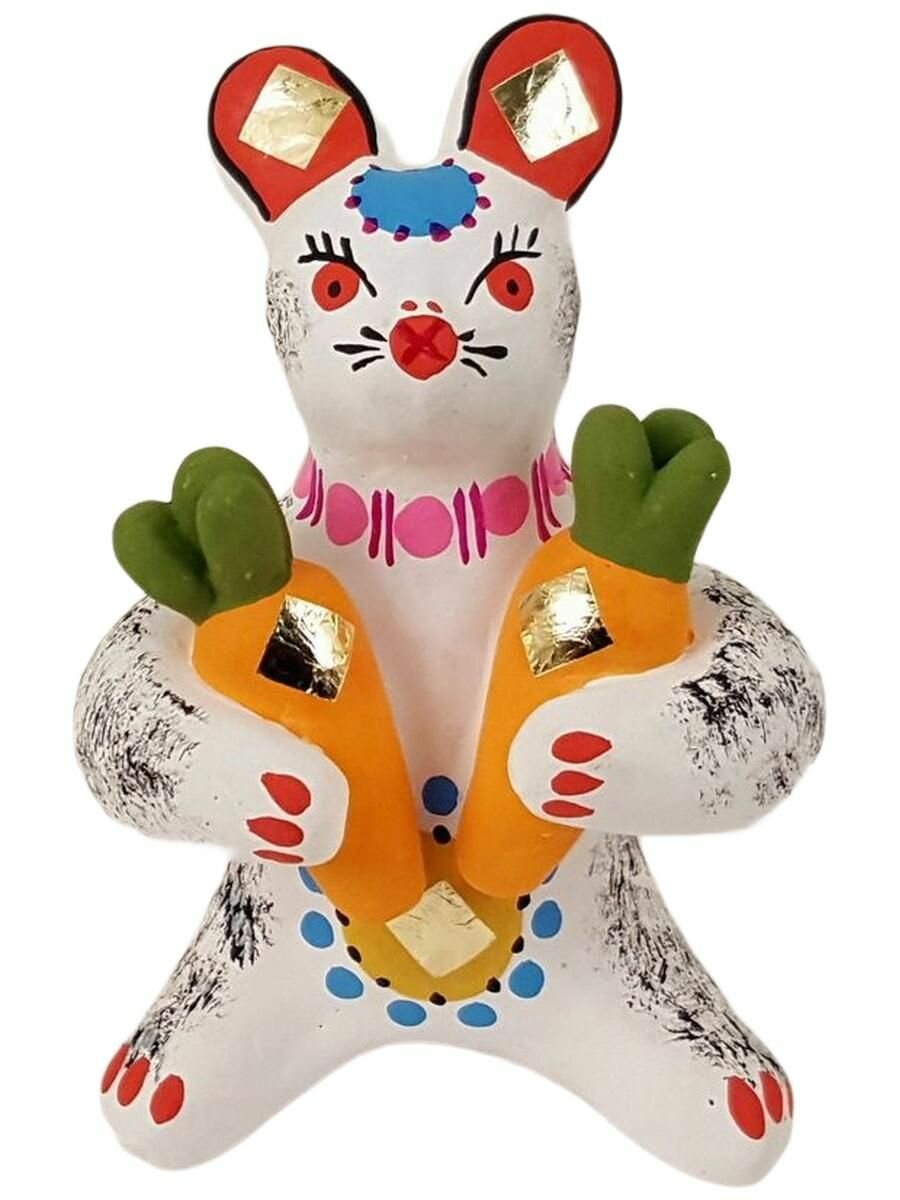 Зайчик №1 с морковками, Дымковская глиняная игрушка, ручная авторская работа