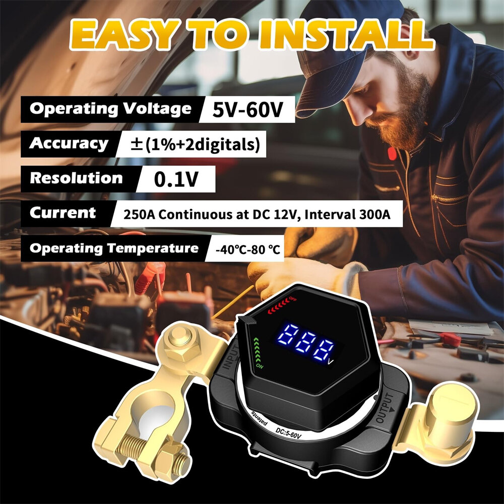 Top Post Battery Disconnect Switch with Voltmeter, DC 5-60V Master Isolator — фото 1