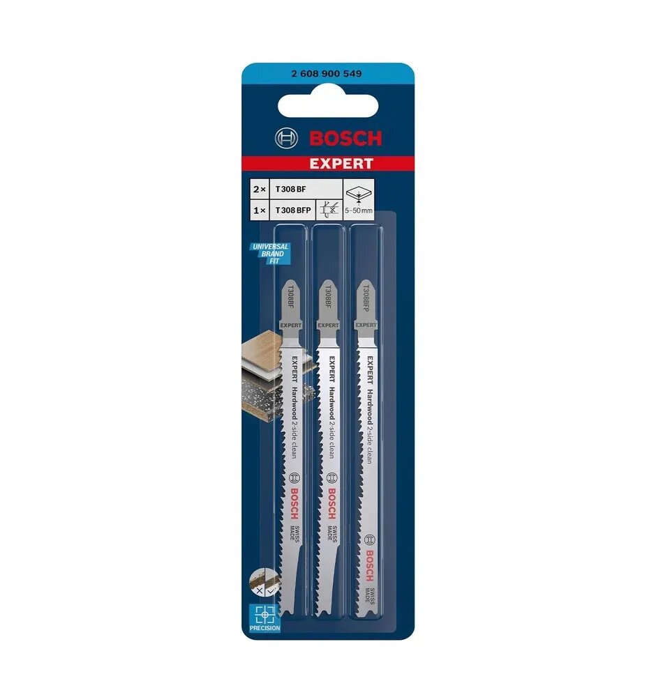 BOSCH T308BF T308BFP EXPERT Hardwood 2-side clean Swiss Made Пилки для лобзика по дереву для чистого реза 3 штуки — фото 1