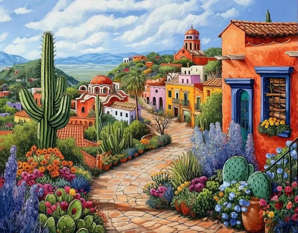 Яркий пейзаж Мексики, 50x70см, розовая печать на холсте
