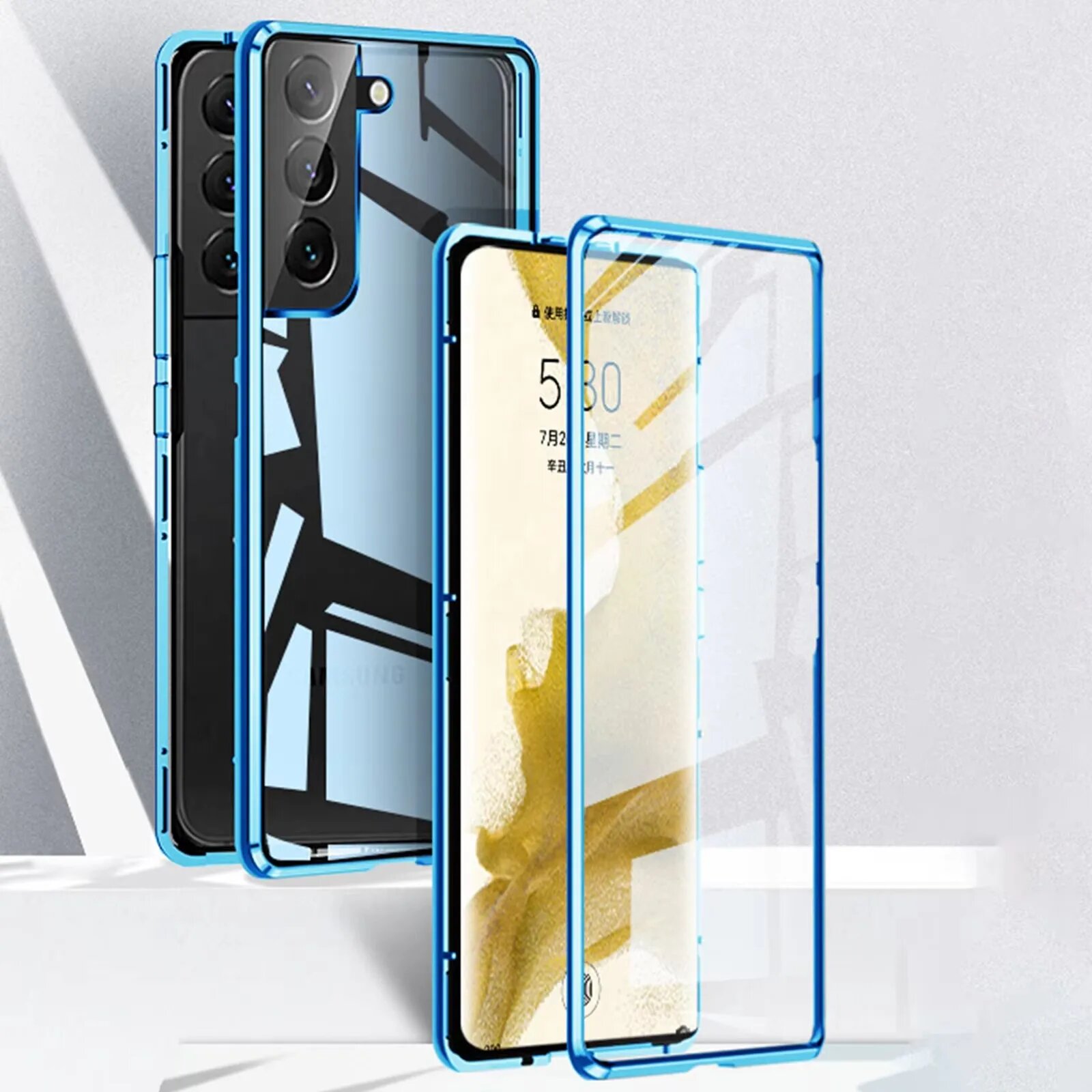 Двустороннее стекло 360° ° Металлический магнитный чехол для Синий, Blue, For Galaxy S25 Plus