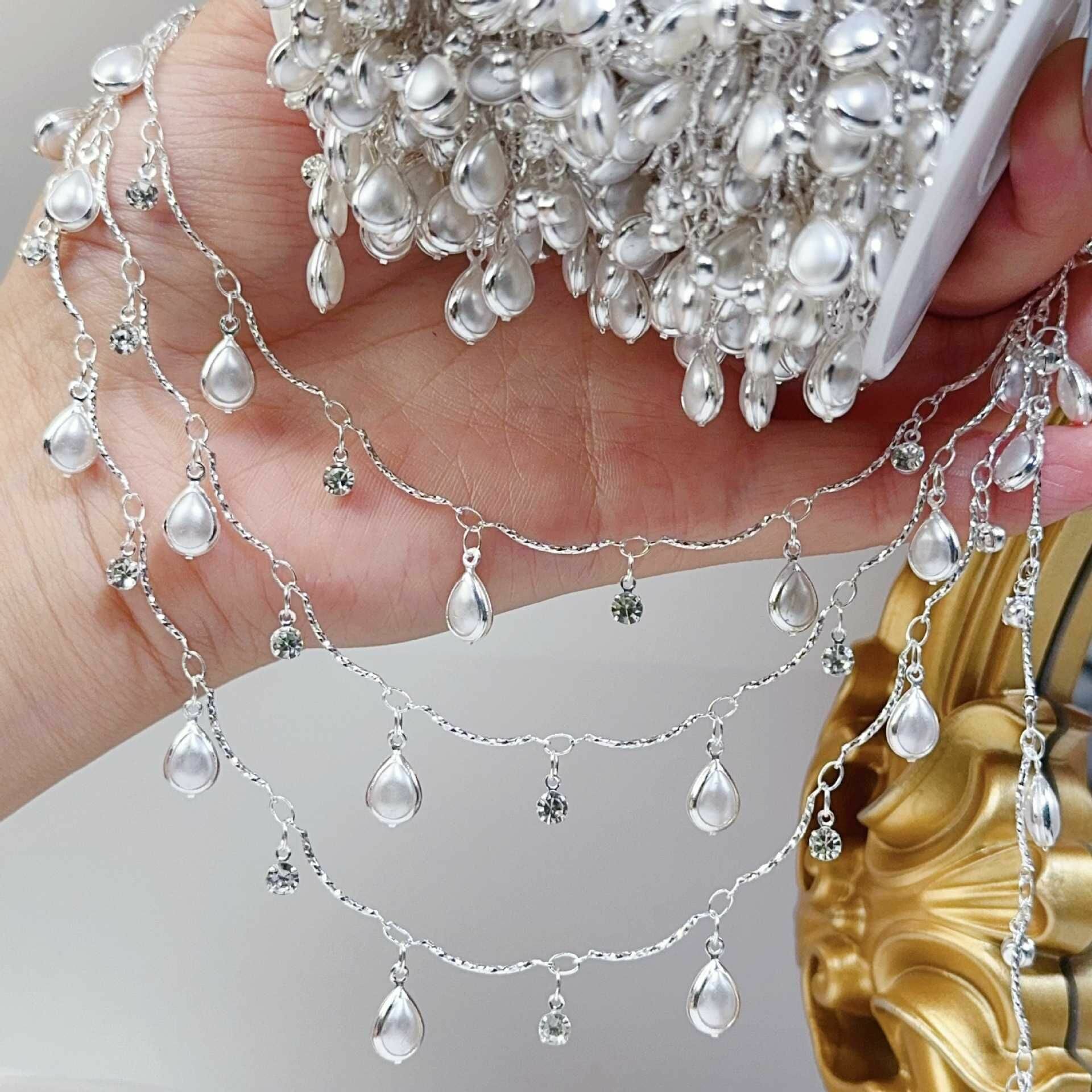 Изогнутая цепочка с жемчугом в виде капли на палочке-серебро-1 метр