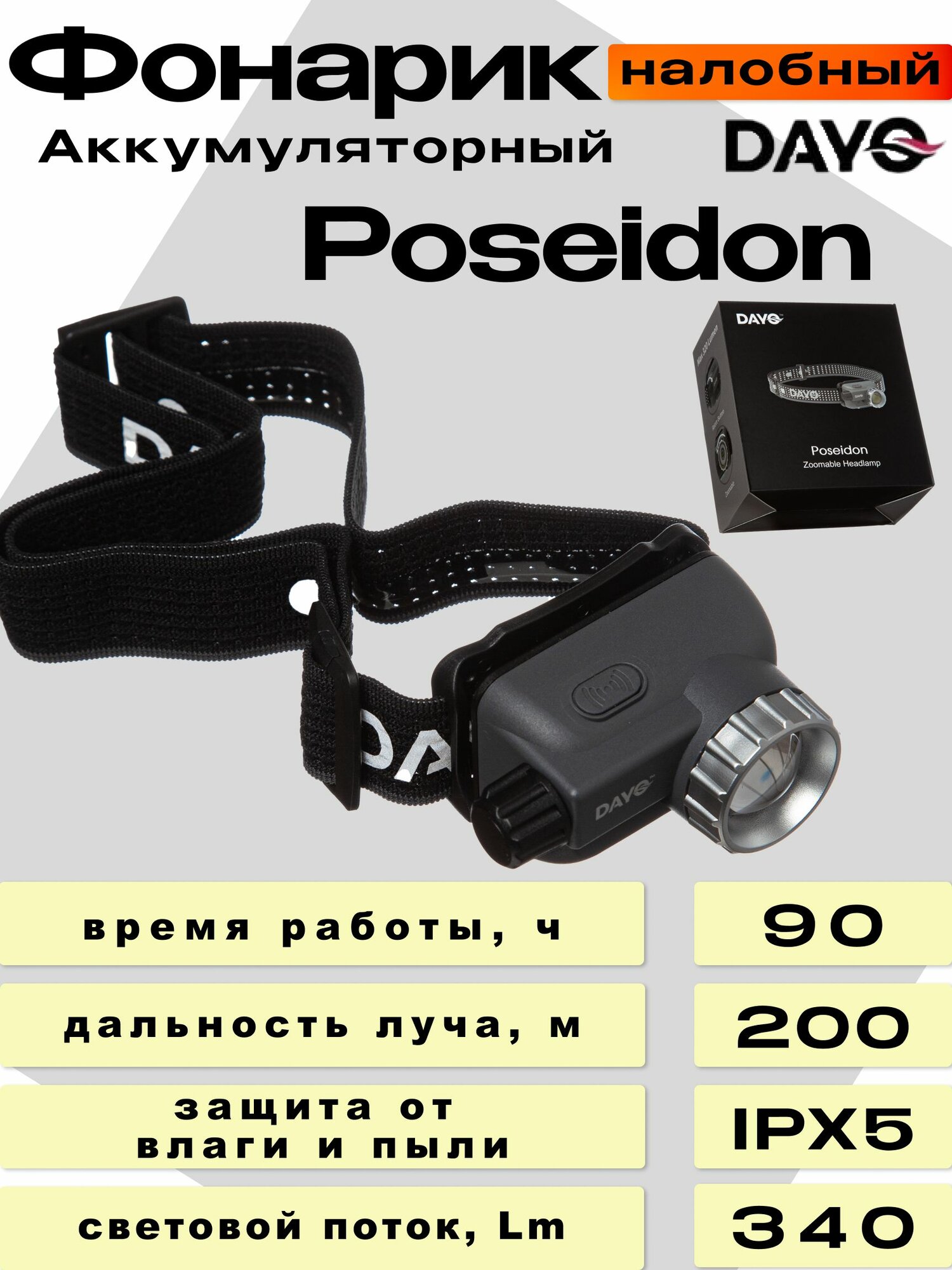 Фонарь налобный Dayo Poseidon для кемпинга, туризма, рыбалки, бега, спорта