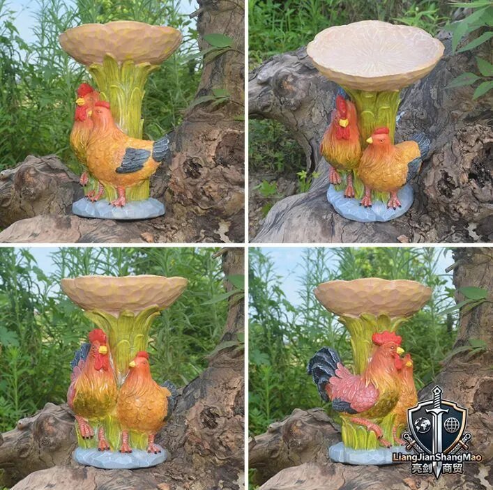 Садовая фигурка для птиц в виде петуха и курицы с кормушкой, садовая скульптура из смолы, украшение для сада — фото 1
