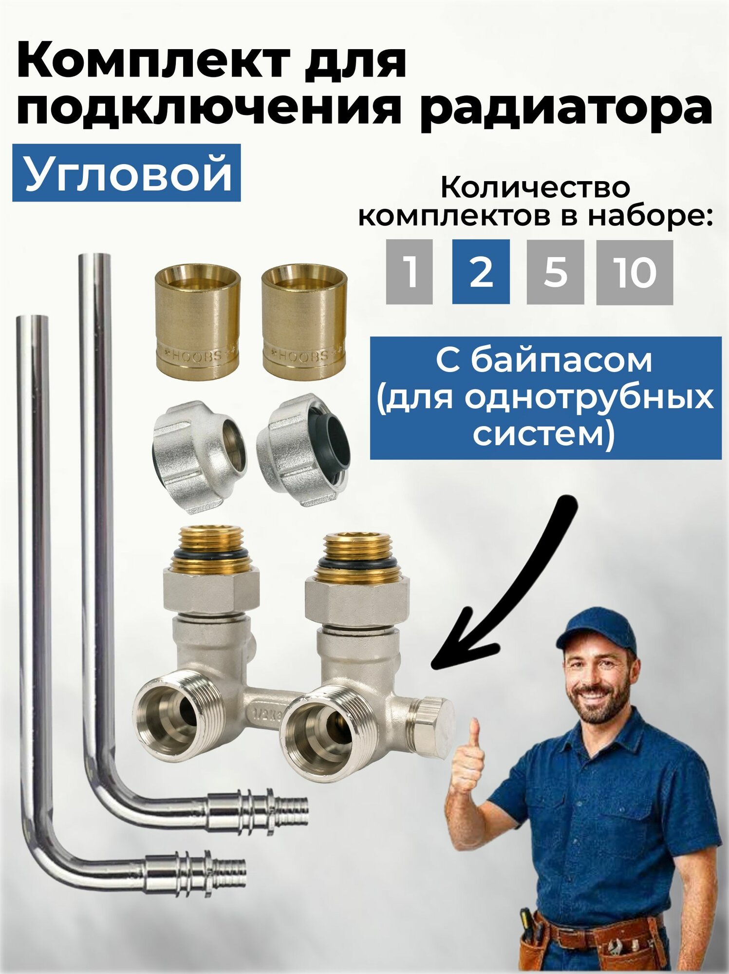 Трубка для подключения радиатора Г-образная 16/250 мм, узел нижнего подключения радиатора, угловой, с байпасом, 3/4" х 1/2" (для однотрубных систем) , евроконусами G3/4"- 15*1, гильзами 16 мм. 2 набора